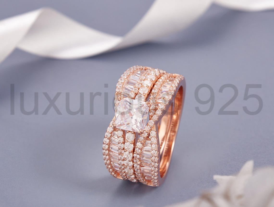 Princess Cut CZ Engagement Ring Set Solid Gold Plated Sterling Silver ...