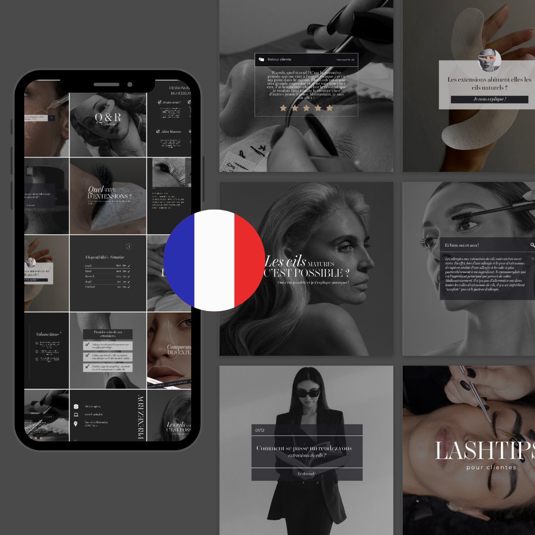 FRENCH 50 Posts Instagram Pre-filled Templates Eyelash Extensions Dark ...