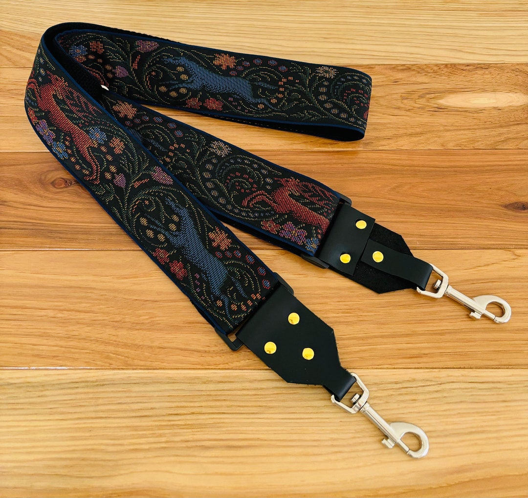 Stag & Wolf Banjo Strap: Medieval Tapestry on Black Cotton Webbing, USA ...