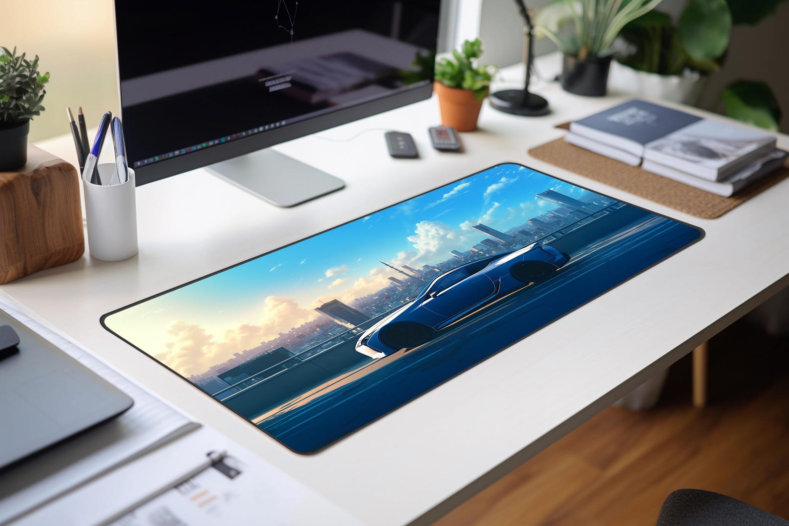 Anime JDM Car Desk Mat - Overlooking City, Large Lofi Desk Mat ...