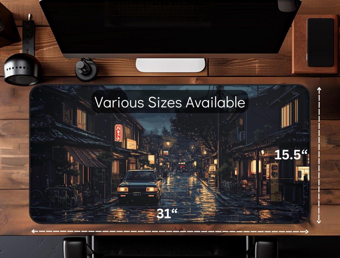 Pixel Art Japanese City Desk Mat - Large Lofi Dark Mousepad, Retro Game ...