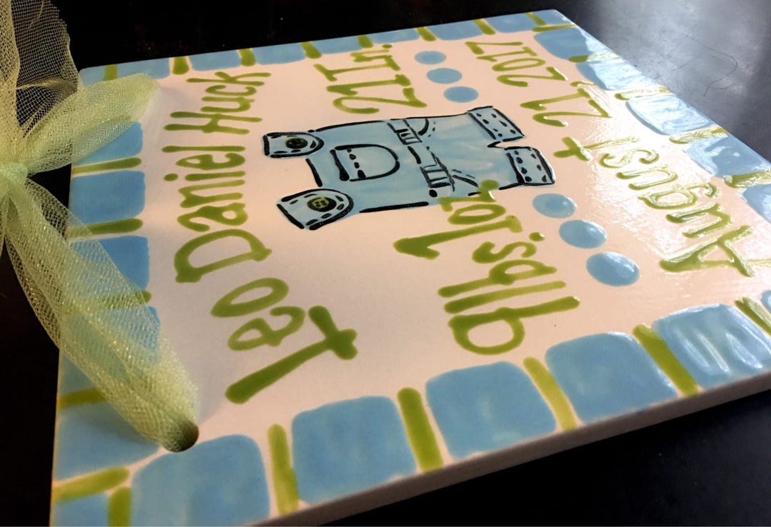 Ceramic Hand Painted Birth Announcement Tile 8x8 With Ribbon - Etsy