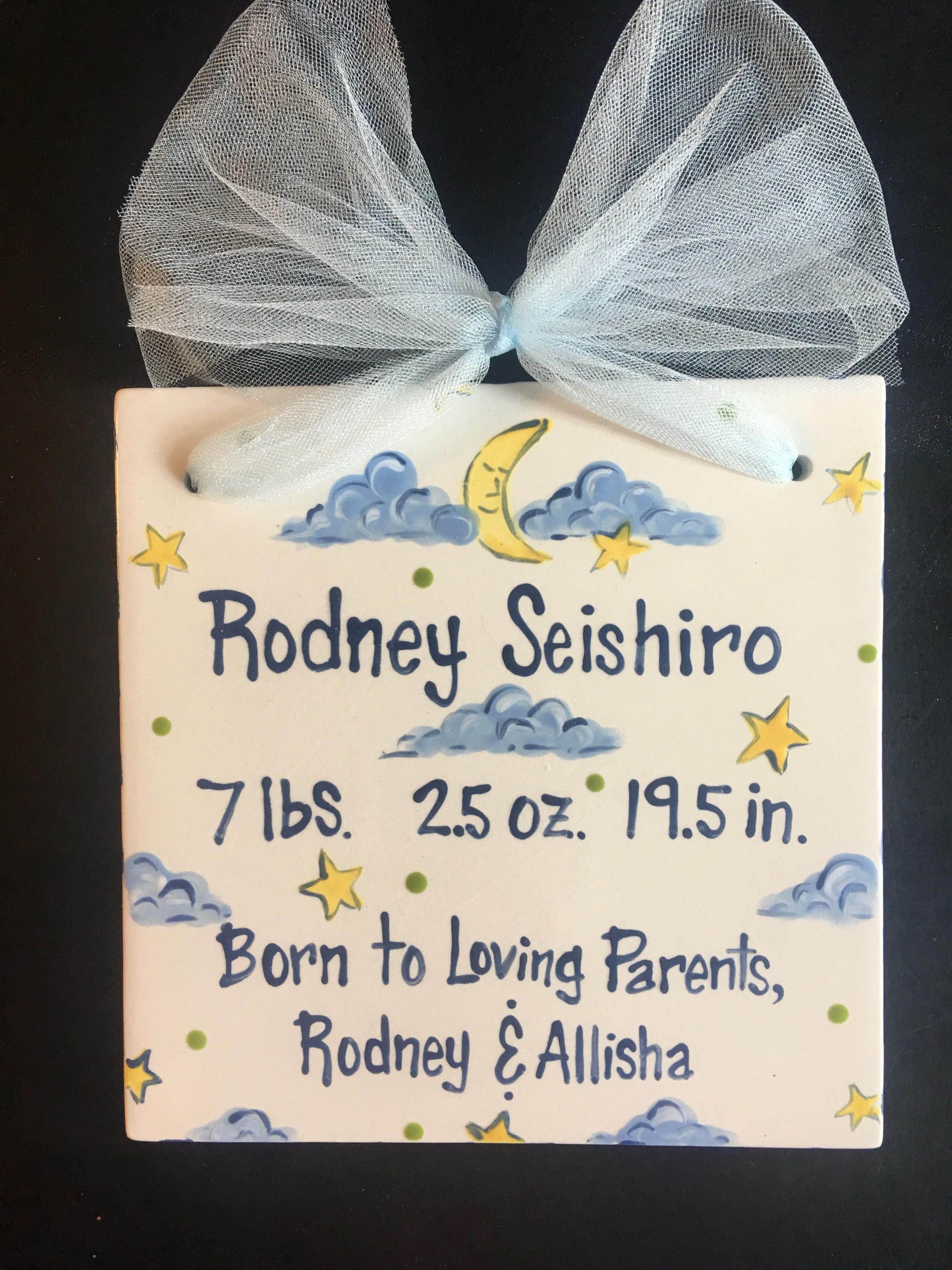 Ceramic Hand Painted Birth Announcement - Prayer - Moon, Stars Tile 8x8 ...