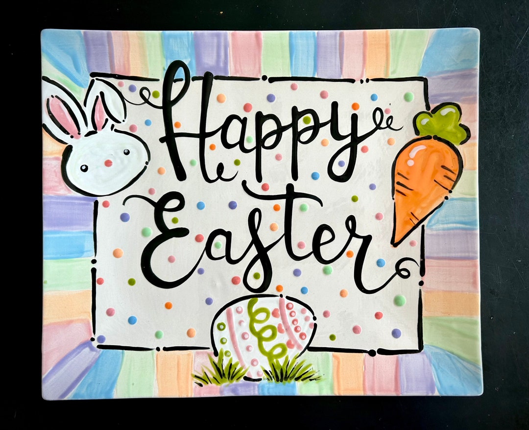 Handpainted Easter Platter: Bunny, Carrot, Egg Illustrations - Etsy
