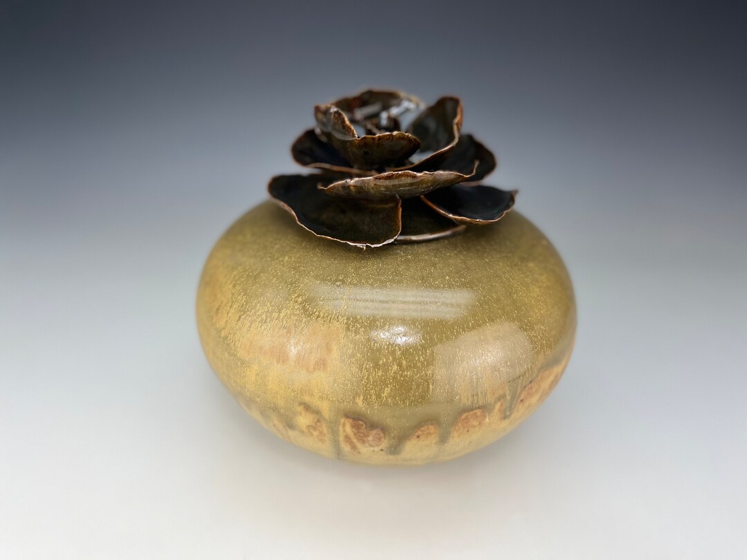 Large Ceramic Cremation Urn in Rustic Yellow With Flower Lid - Etsy