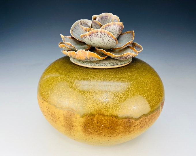 Large Ceramic Cremation Urn in Rustic Yellow With Flower Lid - Etsy