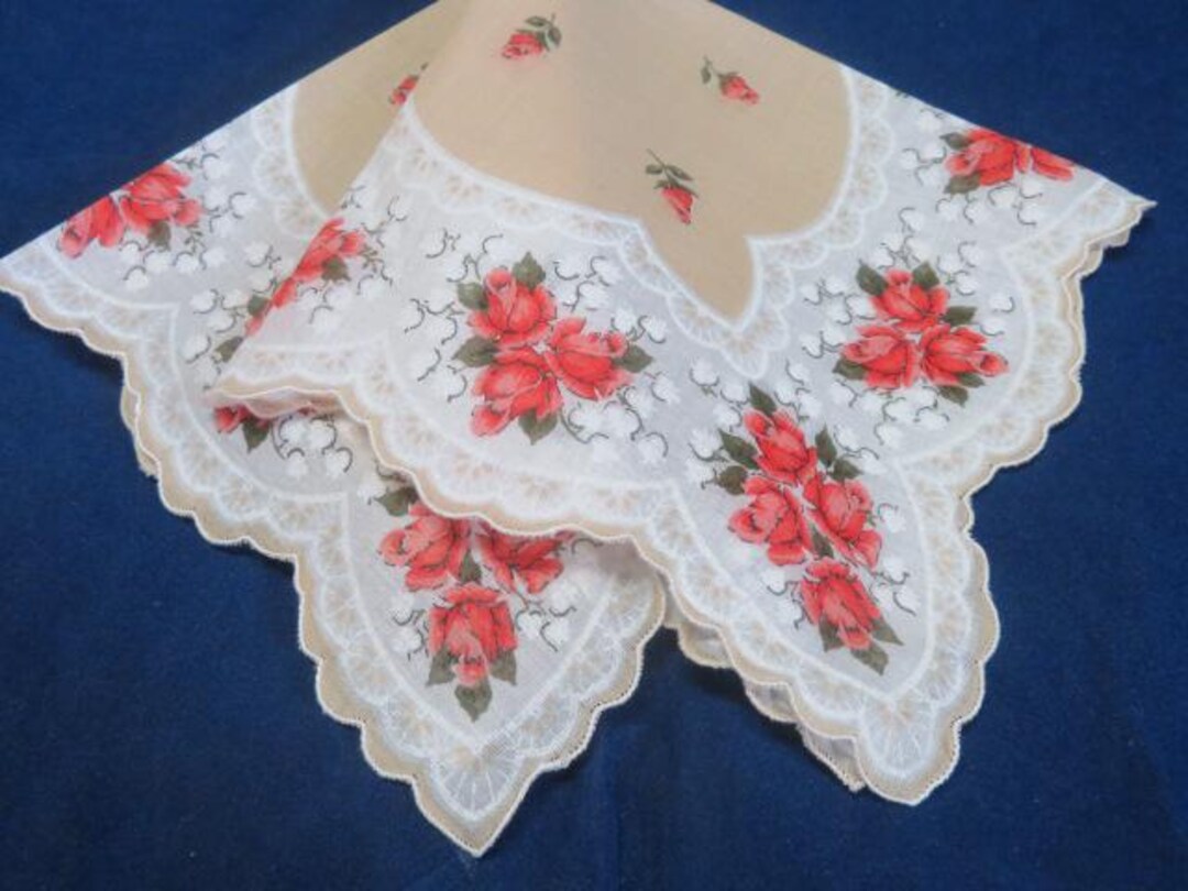 Vintage Hanky Beige Center With Red Roses and Lilly of the Valley ...