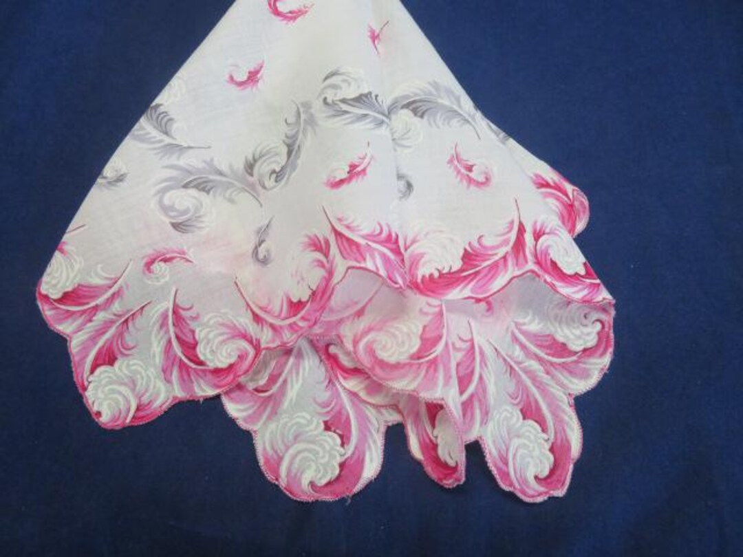 Large Vintage Hanky Pink and Gray Feathers Scalloped Machine Edge ...