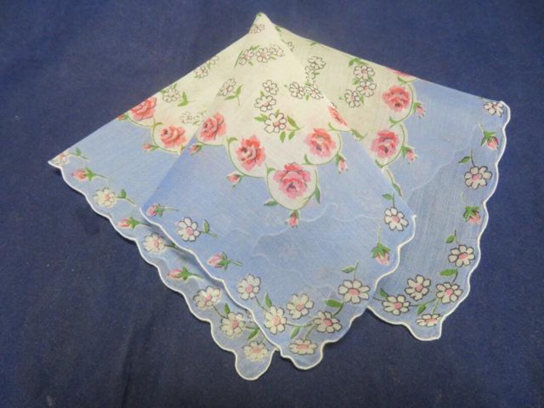 Vintage Hanky Blue Border Pink Roses and Rosebuds With White Daisies ...