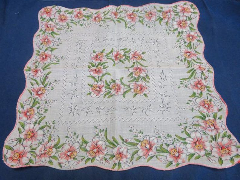 Vintage Hanky Orange and White Daffodils Tiny Daisies Scalloped Machine ...