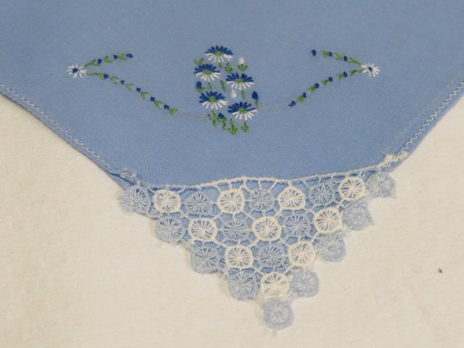 2 Vintage Hankies Shades of Blue Machine Embroidery Tatted Edge Hanky ...