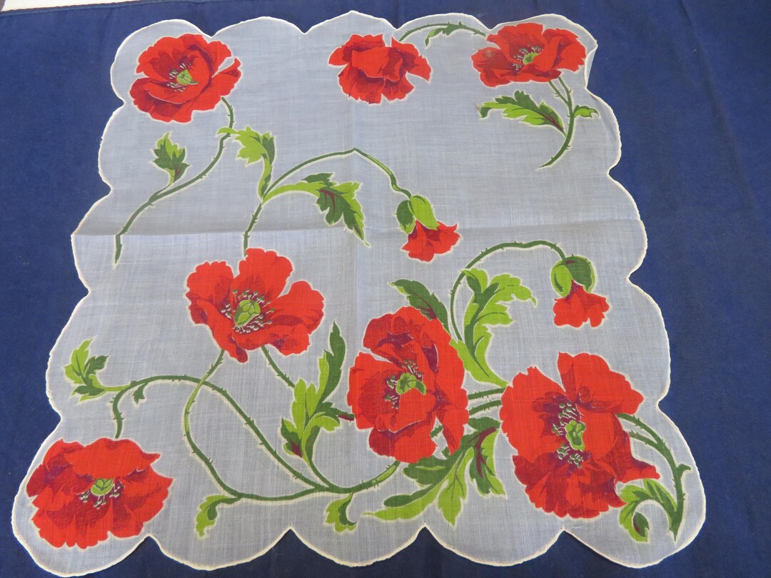 Vintage Hanky Pale Blue With Bright Red Poppies Scalloped Machine Edge ...