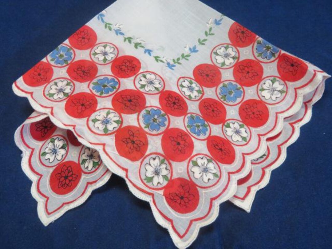 Vintage Hanky Red and White Circles With Flowers Inside Blue and White ...