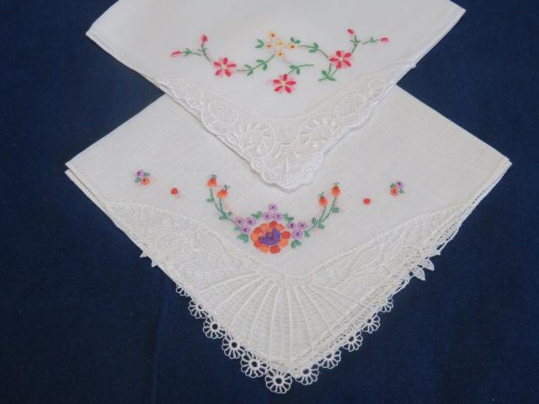 2 Vintage Hankies Bright White With Decorative Corner Machine ...