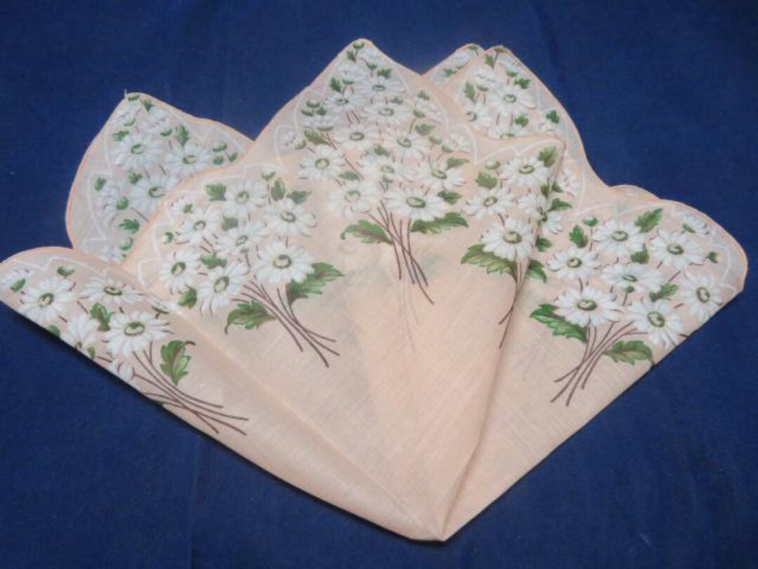 Large Vintage Hanky Bright Peach With White Daisy Bouques Scallop ...