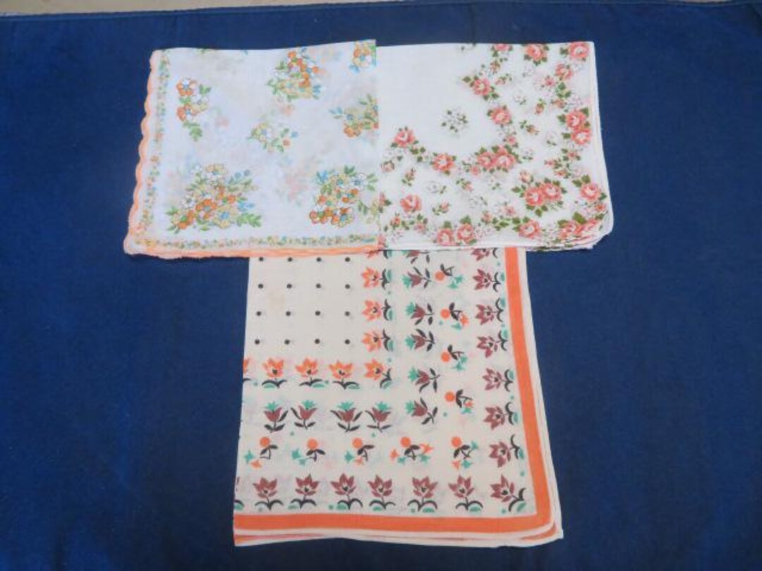 3 Vintage Hankies Shades of Orange Machine Edge Hanky Handkerchief Lot ...