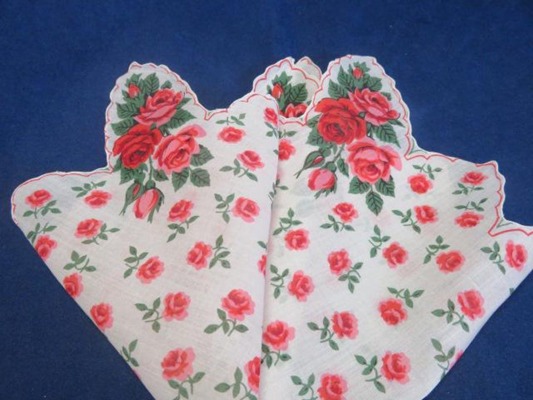 Vintage Hanky Red and Pink Roses on Corners and Scattered About With ...
