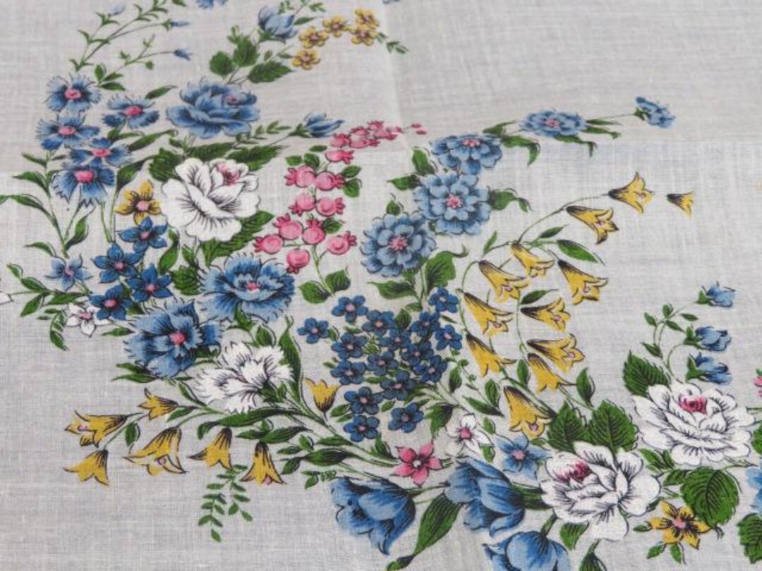 Vintage Hanky Blue Cornflowers Roses and Tulips Yellow and Pink Bell ...