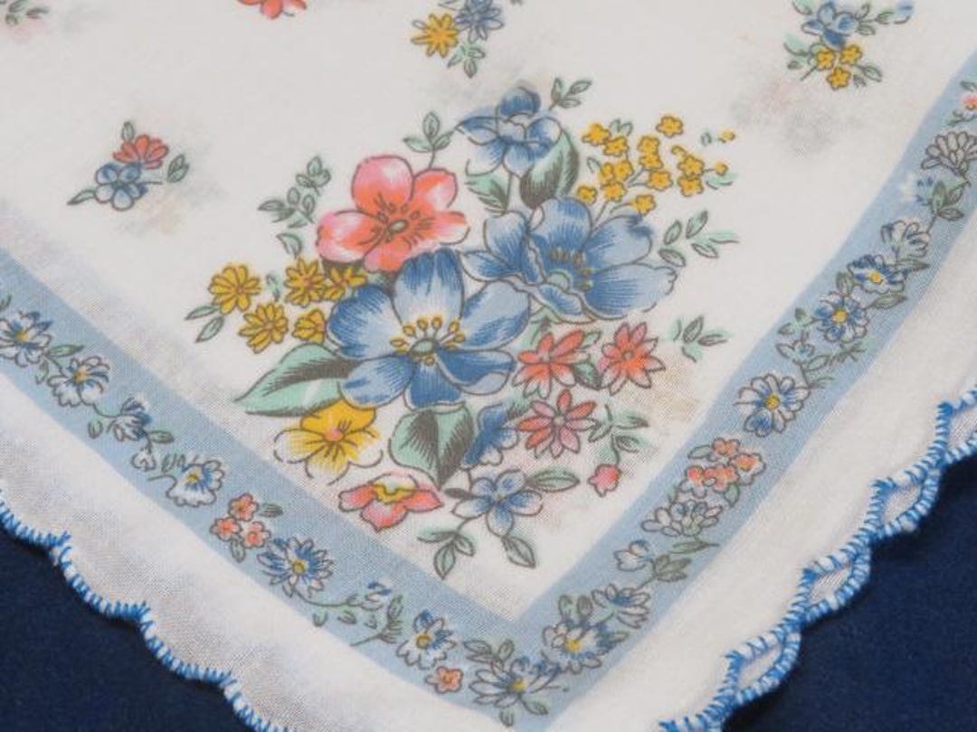 Vintage Hanky Blue Pink and Yellow Flowers Scalloped Machine Edge Hanky ...