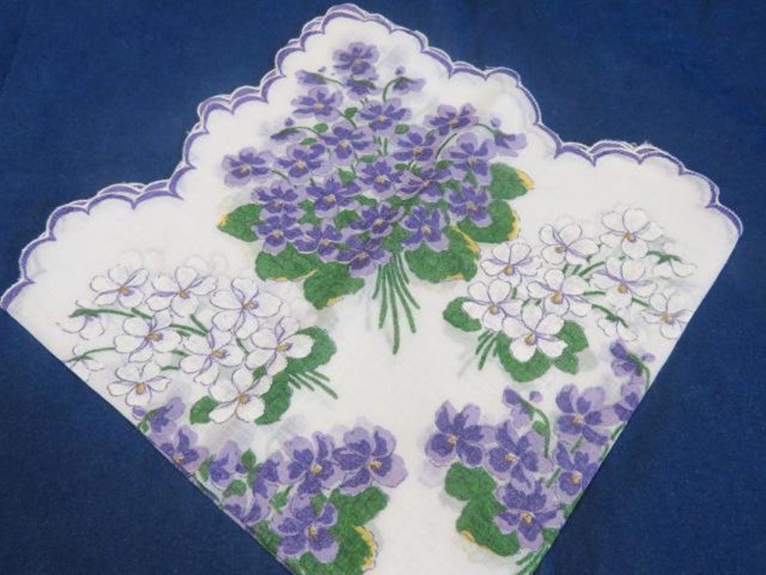 Large Vintage Hanky Bright Purple and White Lilac Bouquets Scalloped ...