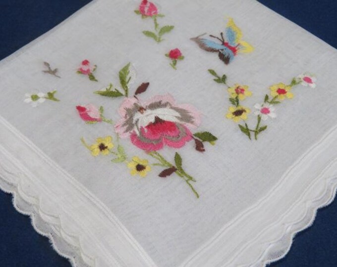 Vintage Hanky Colorful Butterfly Pink Roses Yellow and White Daisies ...