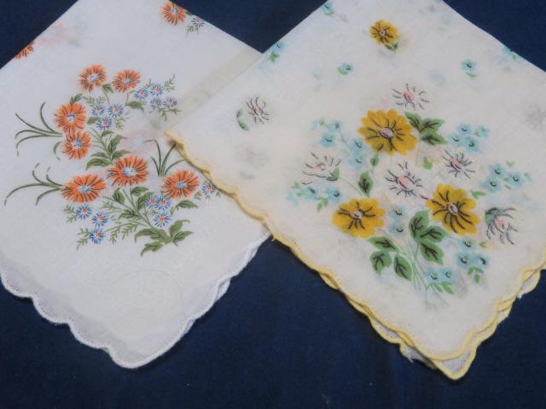 2 Vintage Hankies Forget Me Nots Blue Cornflower Teal Orange and Yellow ...