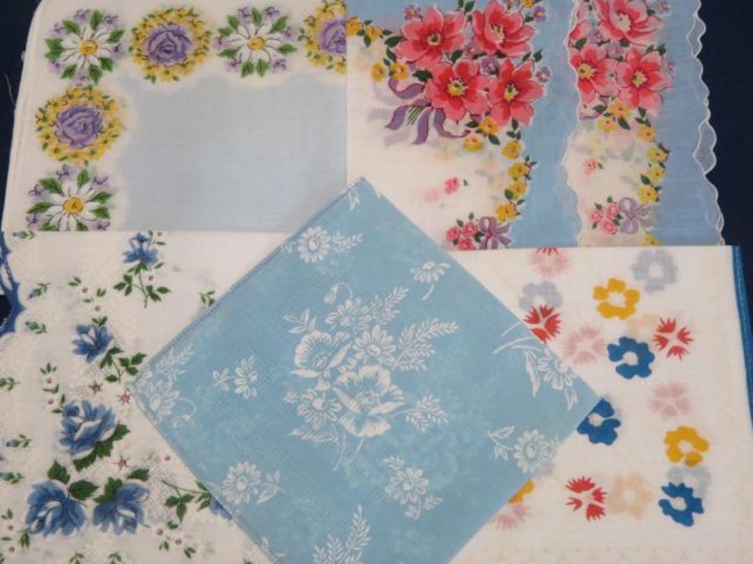 6 Vintage Hankies Shades of Blue Pink and Lavender Different Sizes and ...
