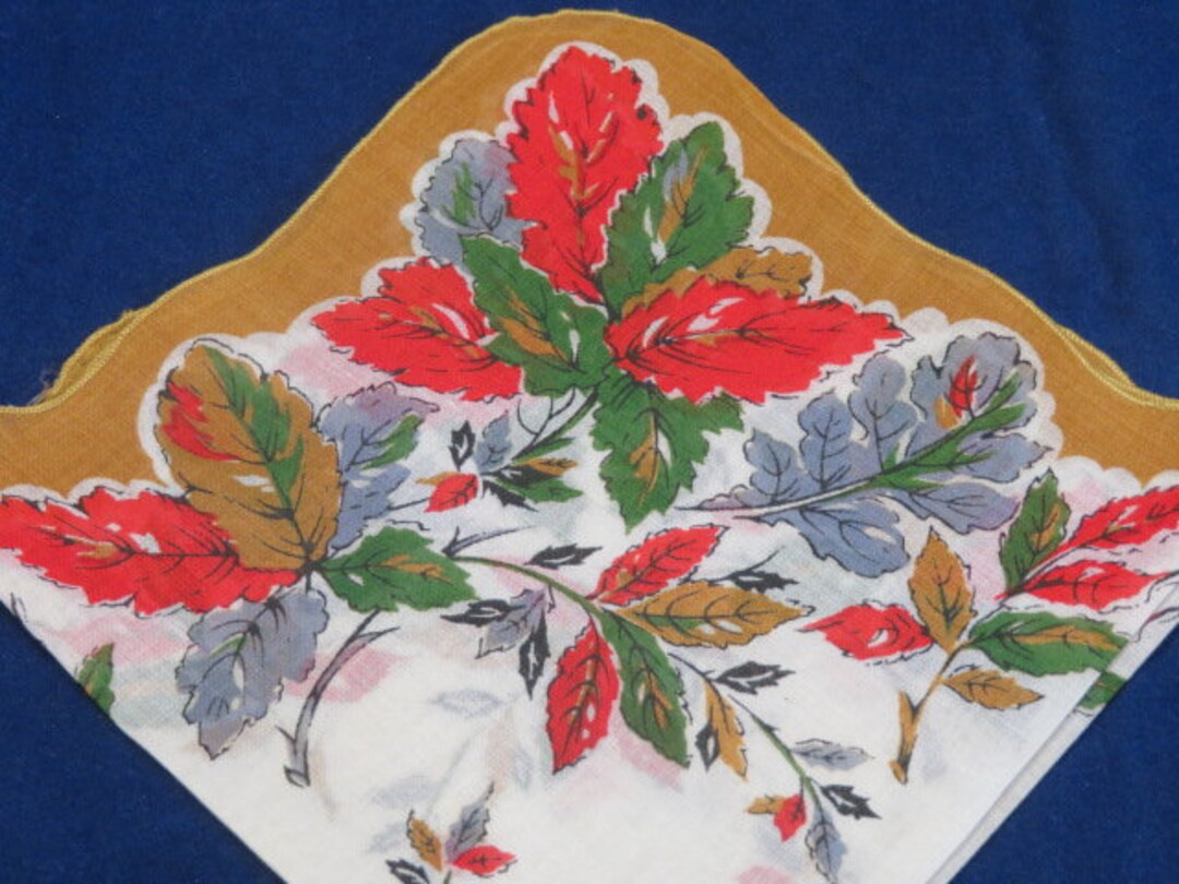 Vintage Hanky Bright Red Green and Gray Leafs With Gold Border ...