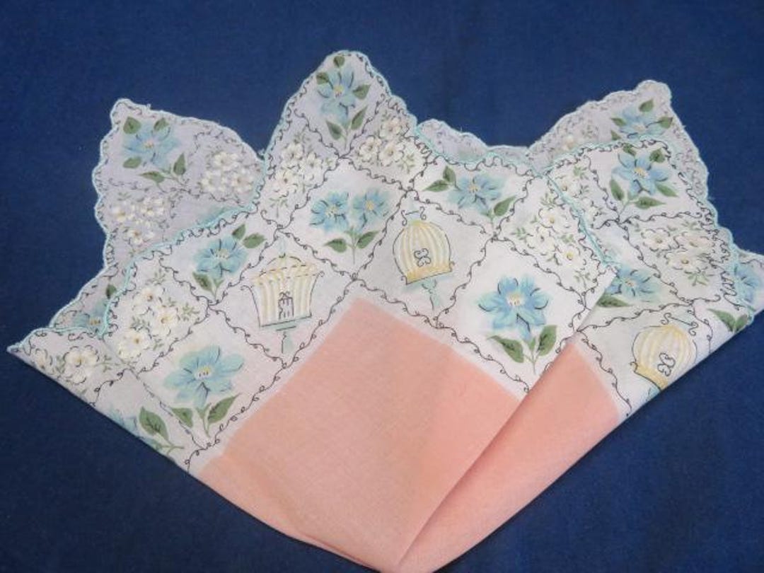 Large Vintage Hanky Yellow Bird Cages Teal Flowers and White Daisies ...