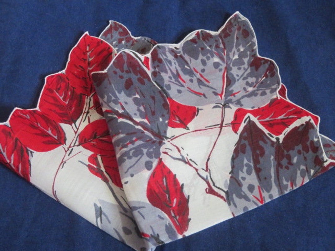 Vintage Hanky Bright Red and Gray Leaves Scalloped Machine Edge Hankie ...