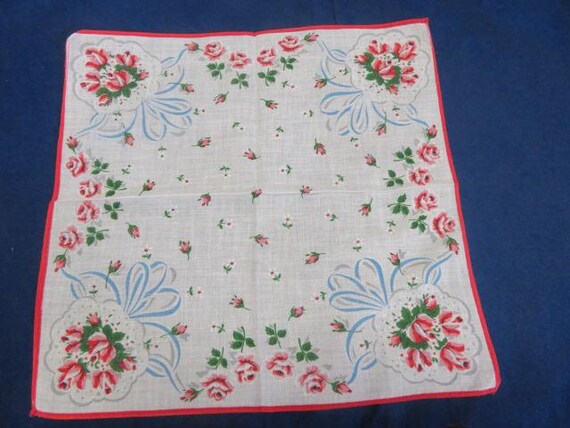 3 Vintage Hankies Shades Of Red and Blue Flowers Bouq… - Gem