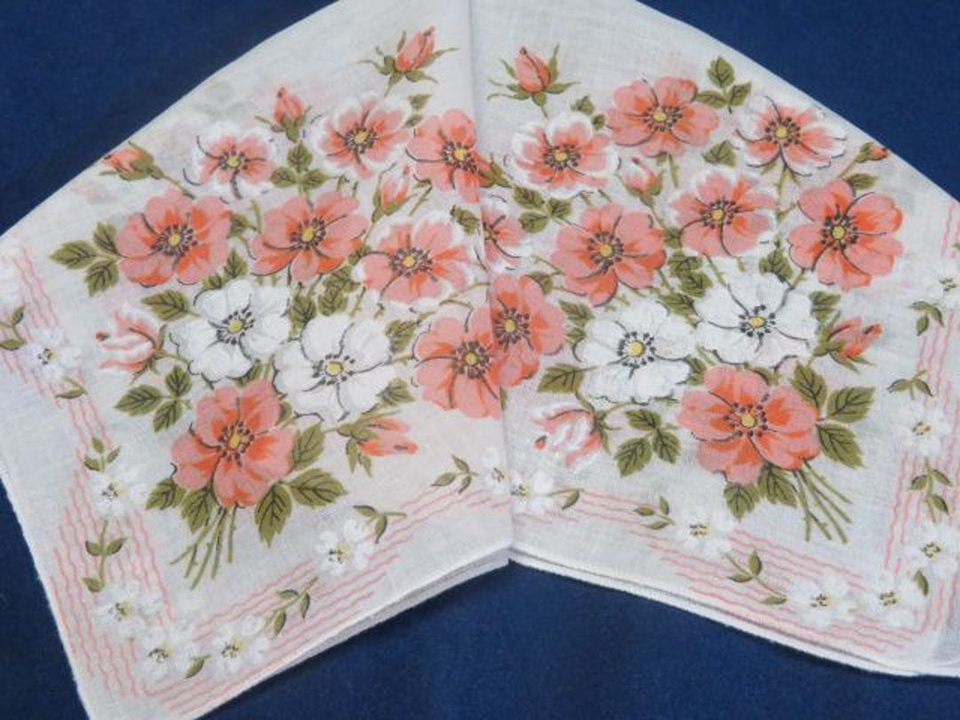 Vintage Hanky Peach and White Flowers Machine Edge Hankie Handkerchief ...
