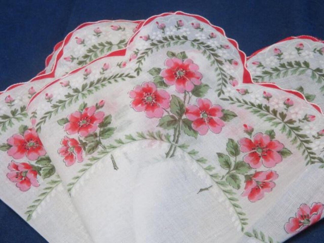 Vintage Hanky Pink Flowers With Rosebuds and Daisies Along Border ...