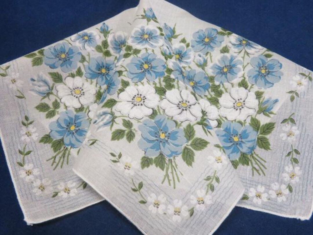 Vintage Hanky Blue and White Flowers Rosebuds Machine Edge Hanky ...