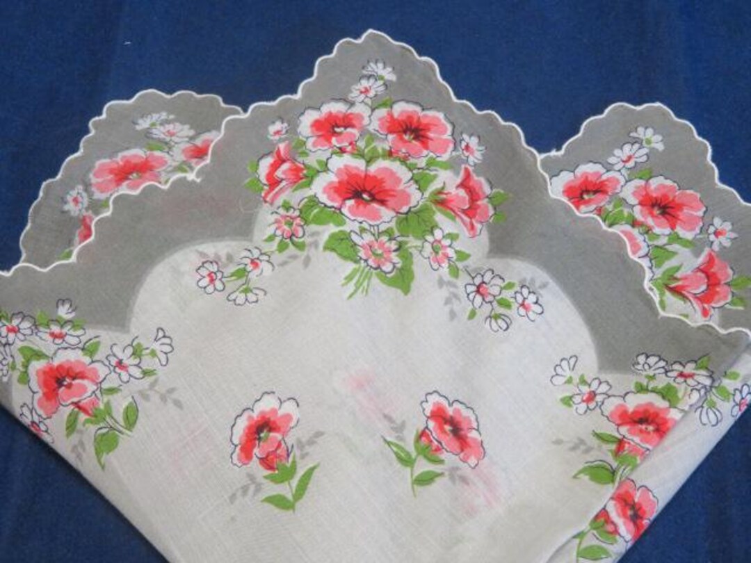 Vintage Hanky Shades of Gray With Pink and White Flowers Scalloped ...