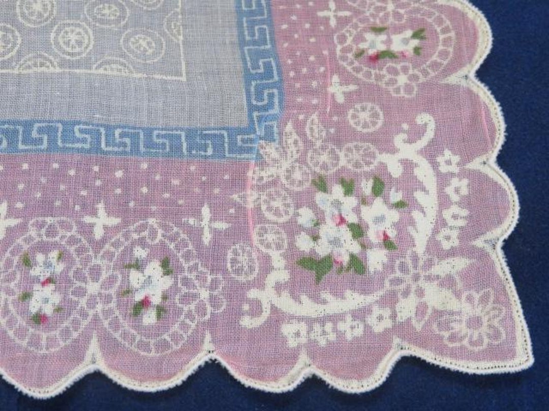 Vintage Hanky Pink Border With Tiny White Flowers Blue Ecru Design ...