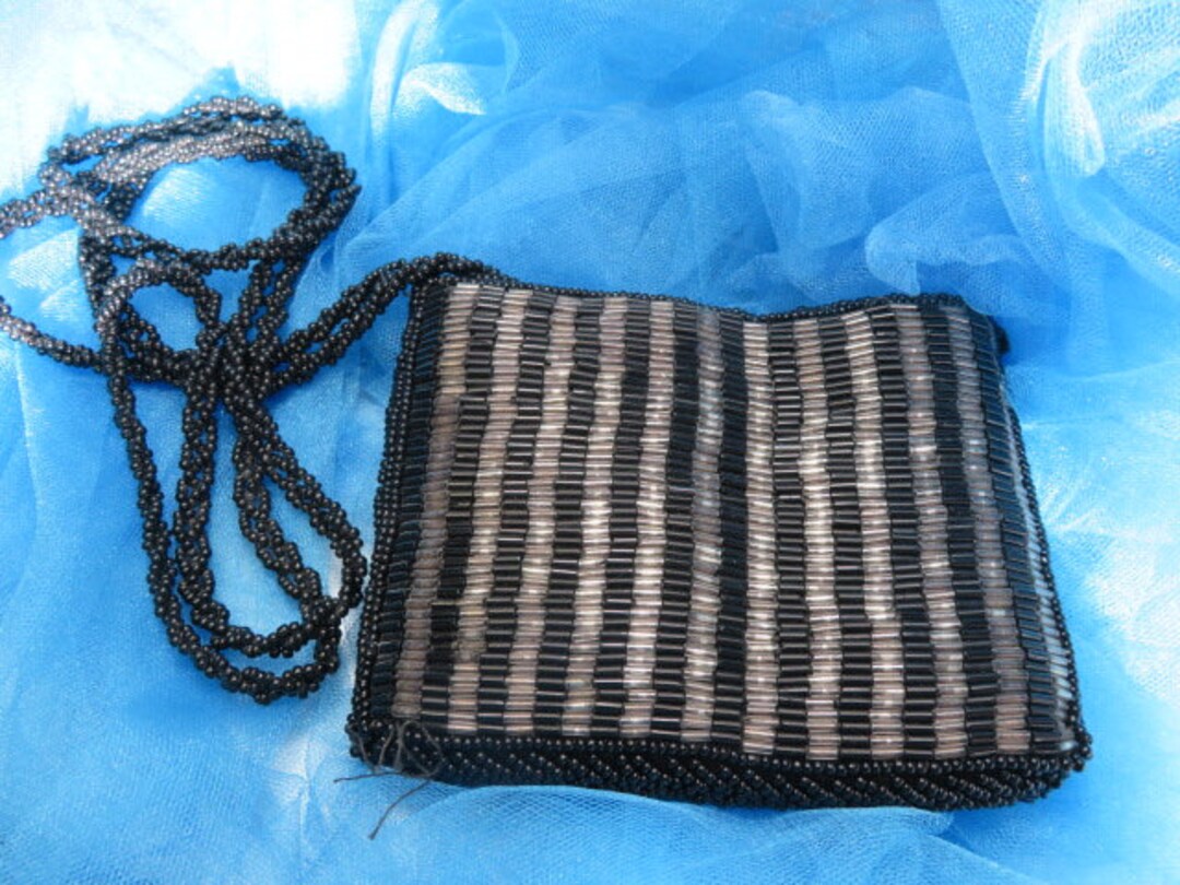 Vintage 1970 1980 Disco Purse Black and Silver Beads With Long Shoulder ...