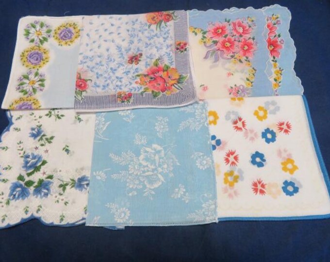 6 Vintage Hankies Shades of Blue Pink and Lavender Different Sizes and ...