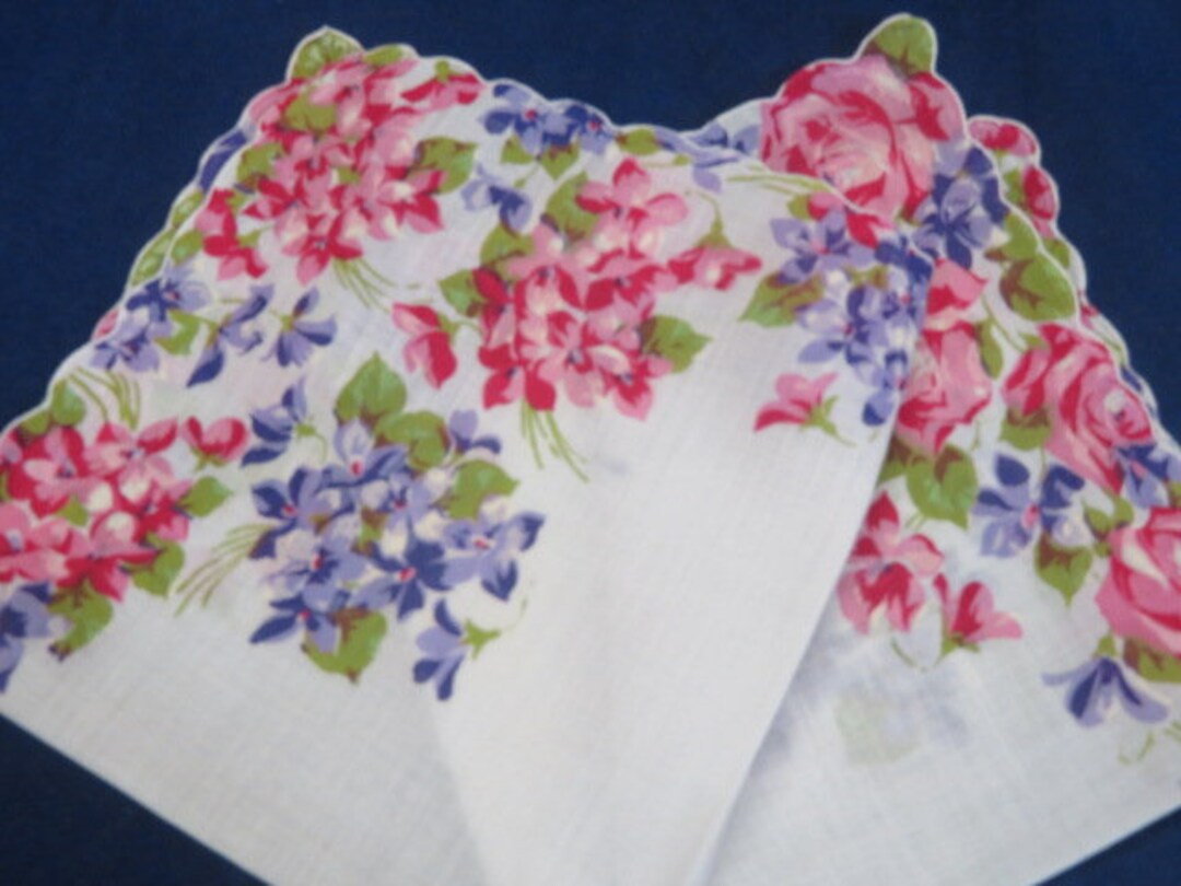 Vintage Hanky Bright Pink and Purple Violets With Roses Scalloped ...