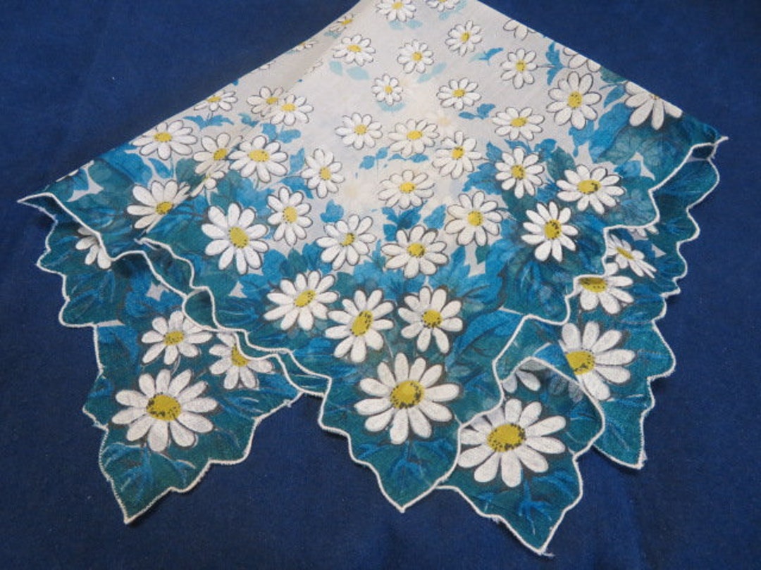 Vintage Hanky Shades of Blue Border With Bright White Daisies Scattered ...