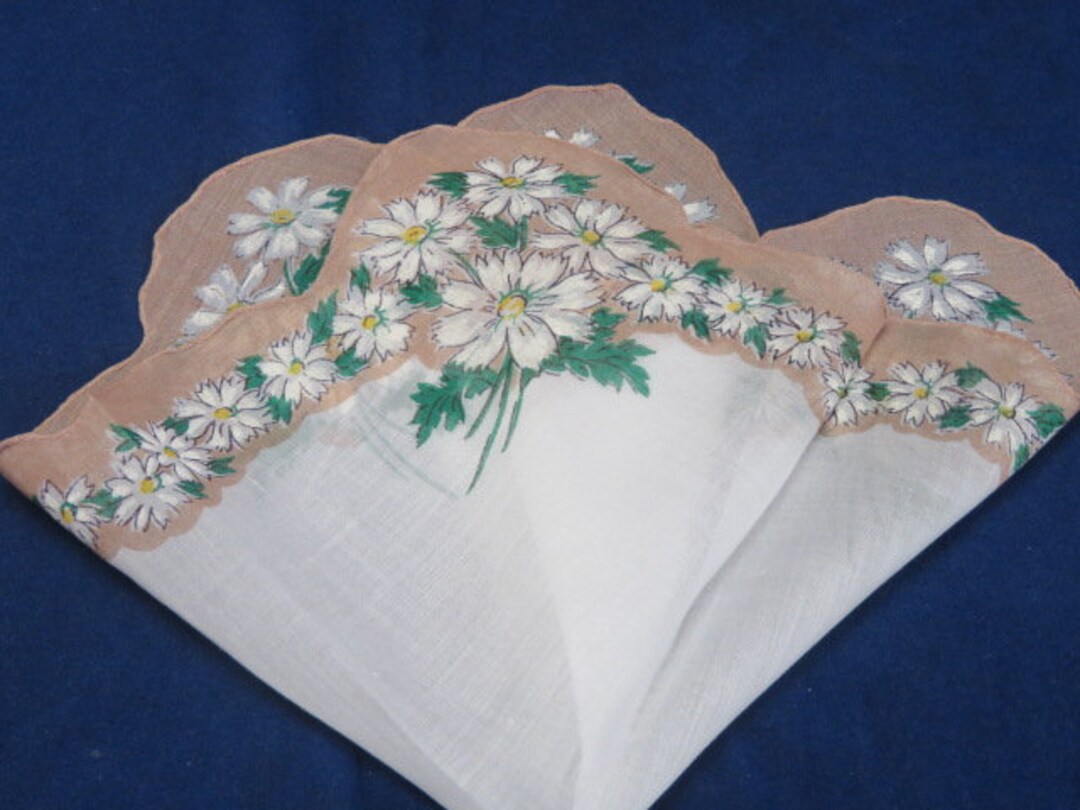 Vintage Hanky White Cornflower Flowers on Beige Border Machine Edge ...