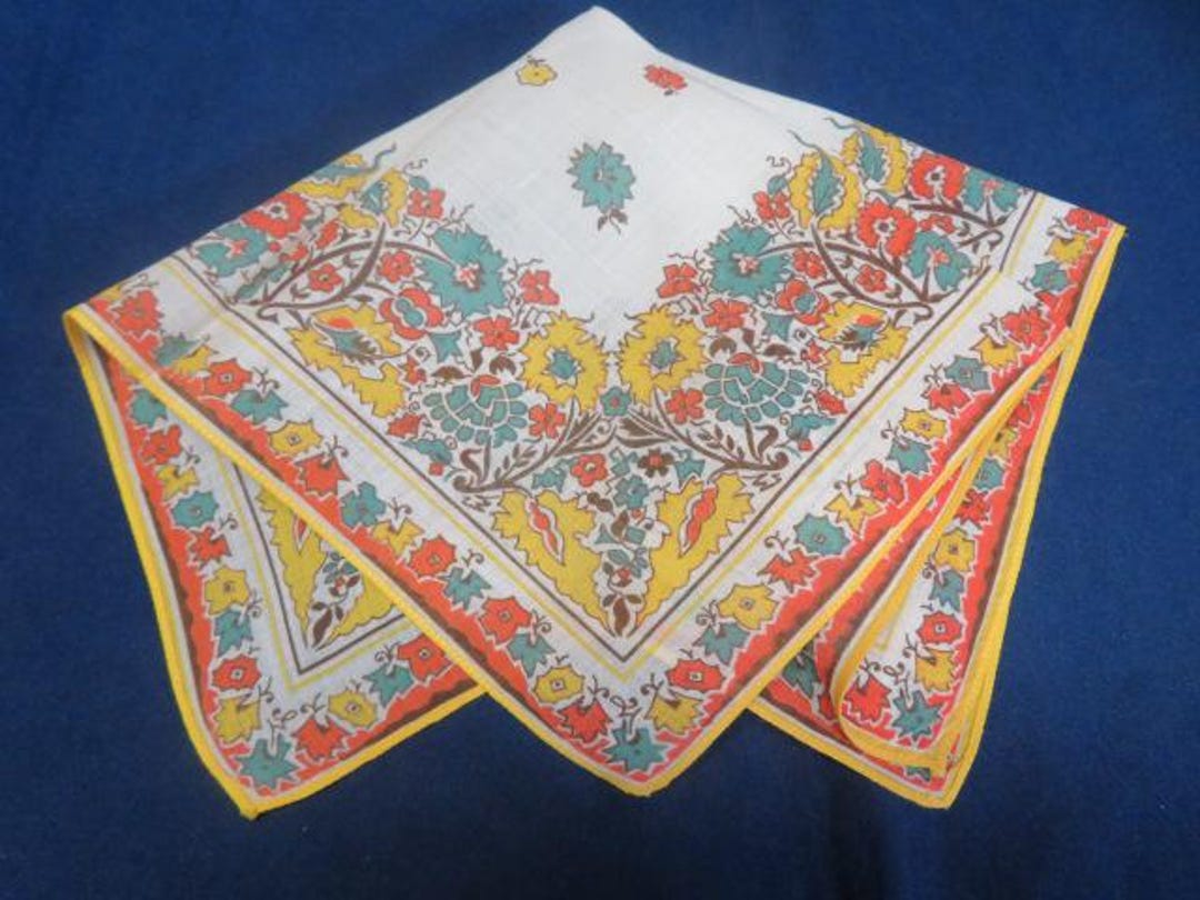 Vintage Hanky Bright Yellow Red and Teal Abstract Flowers Machine Edge ...