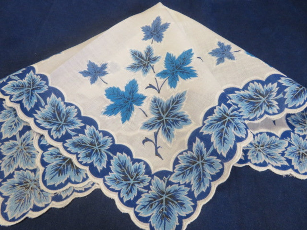Vintage Hanky Shades of Blue Leaves Scalloped Machine Edge Hanky ...