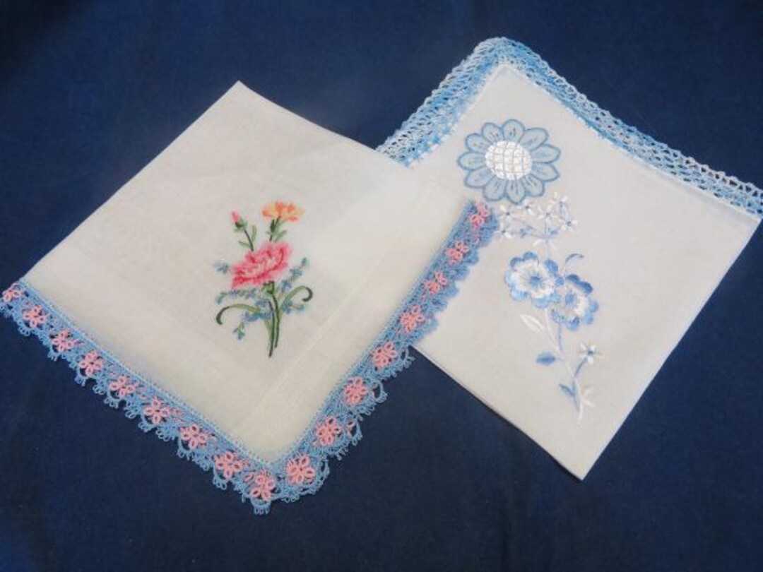 2 Vintage Hankies Machine Embroidery With Blue and Pink Tatted Edge and ...
