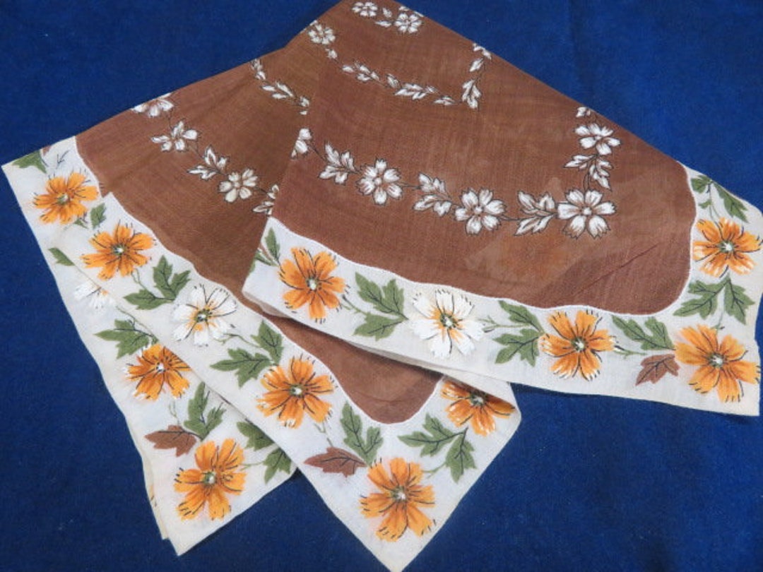 Large Vintage Hanky Brown Center With White Flowers Orange and White ...