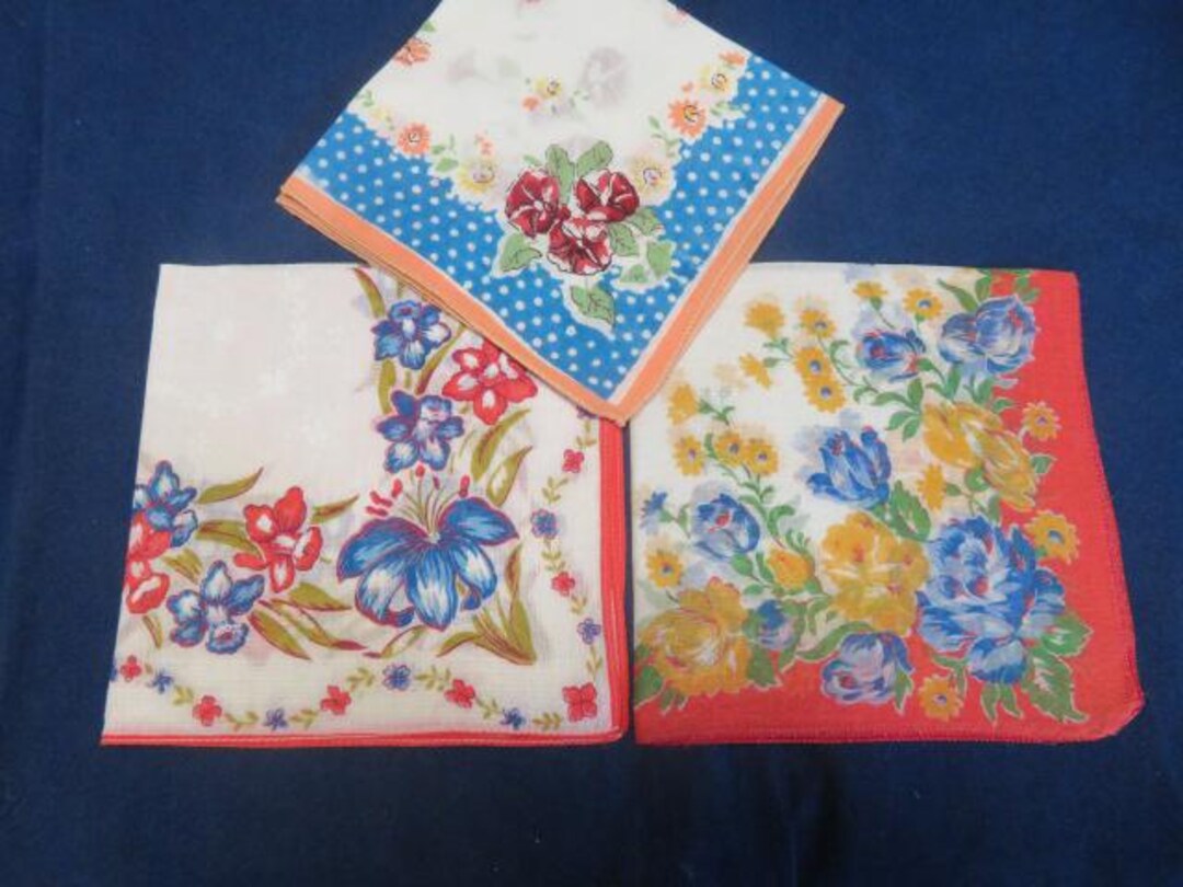 3 Vintage Hankies Shades of Blue Red and Orange Lillies Daffodils ...