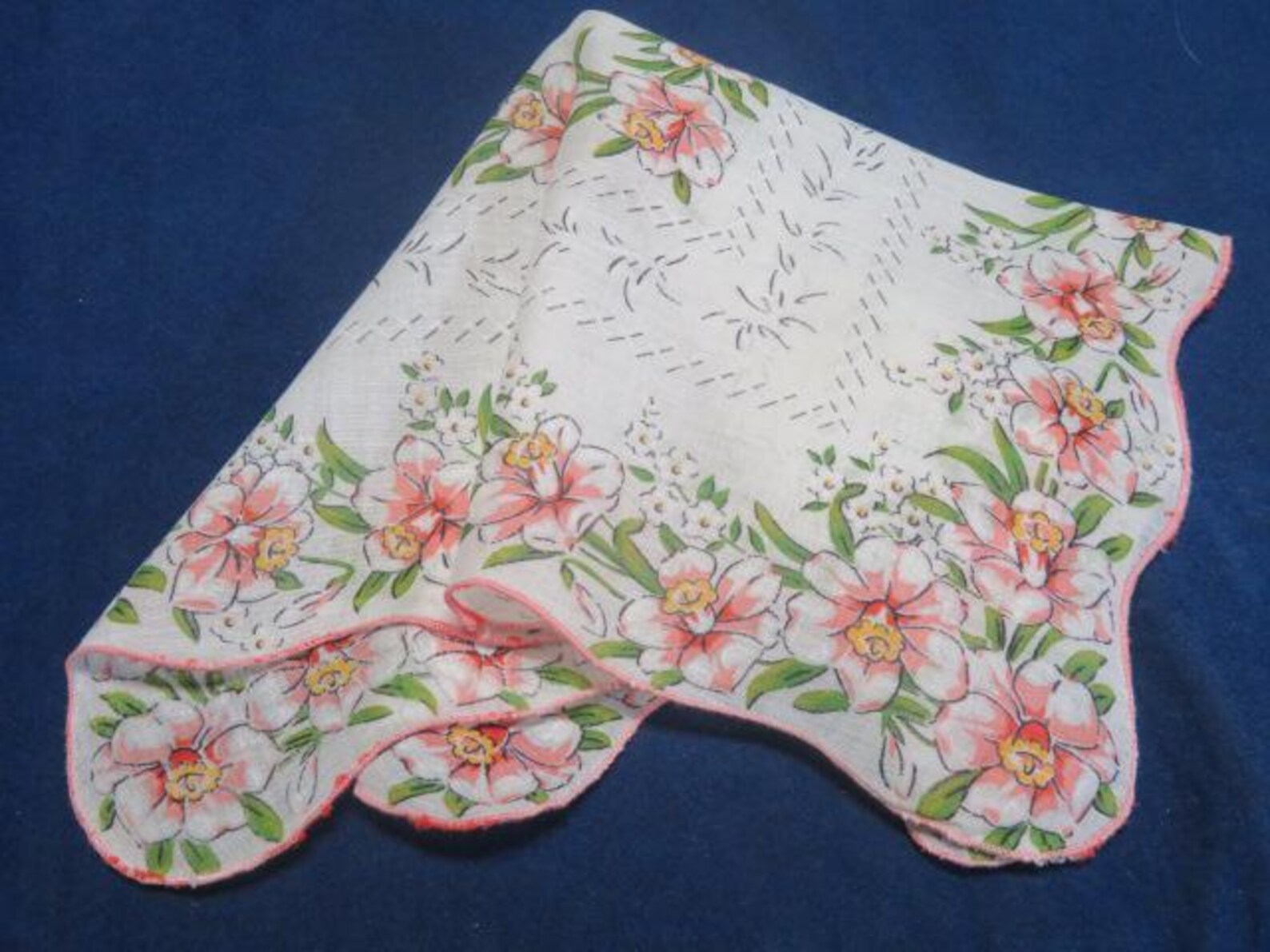 Vintage Hanky Orange and White Daffodils Tiny Daisies Scalloped Machine ...