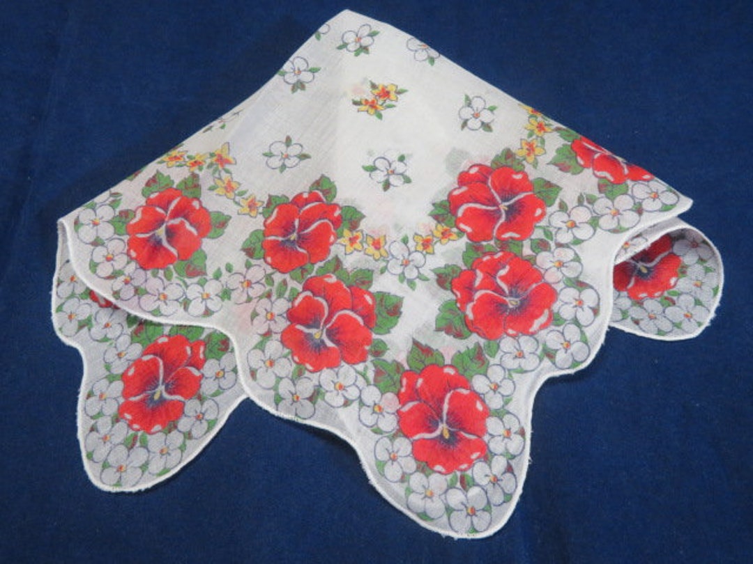 Vintage Hanky Red Pansies With White and Yellow Daisies Scalloped ...