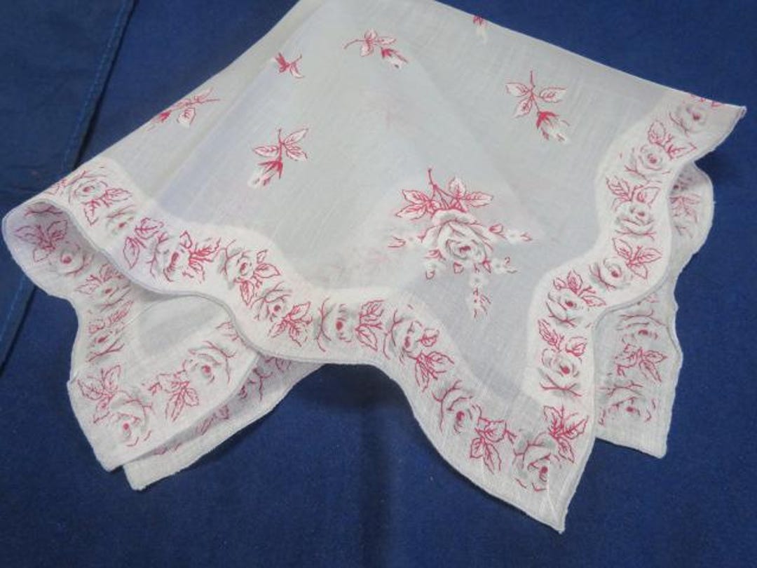 Vintage Hanky Pale Gray With Red Outline Leaves and Roses Scalloped ...