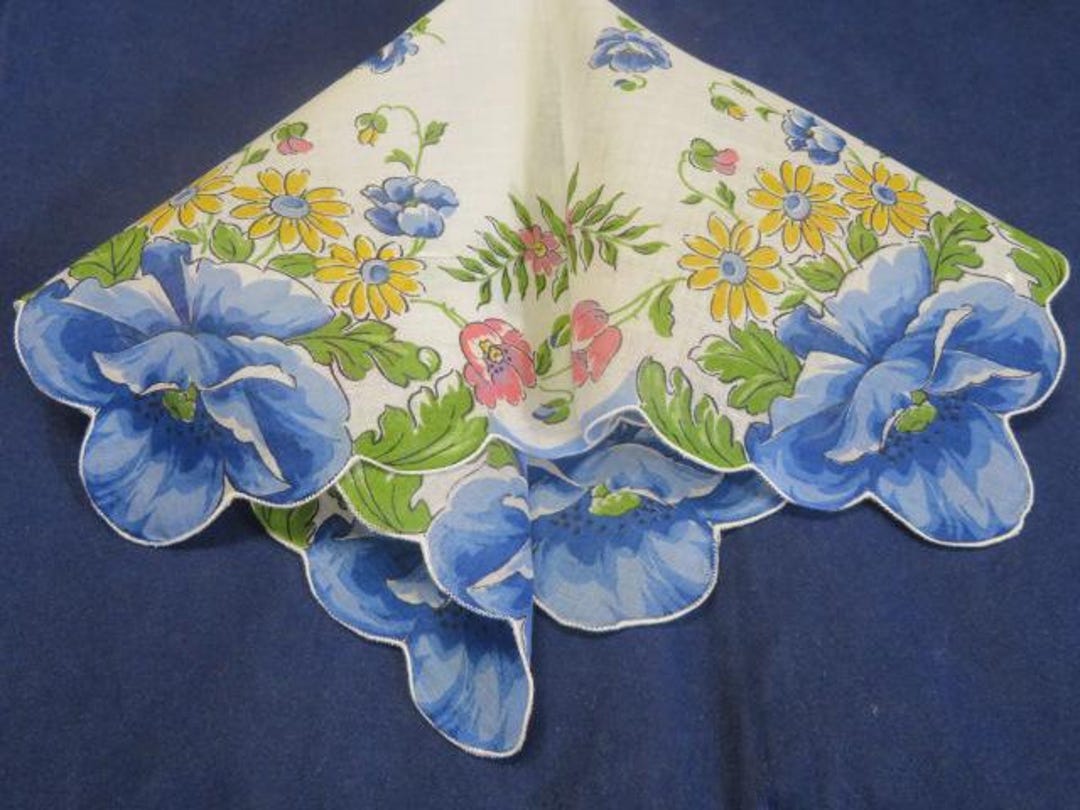 Vintage Hanky Blue and Pink Poppies With Yellow Daisies Scalloped ...